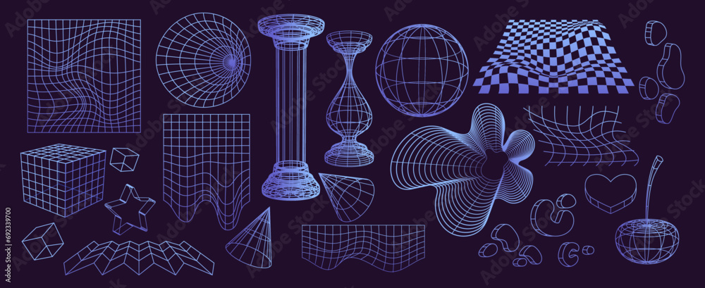 Abstract Wireframe Shapes Set Isolated On Background Vector Illustration Of 3d Grid Geometric