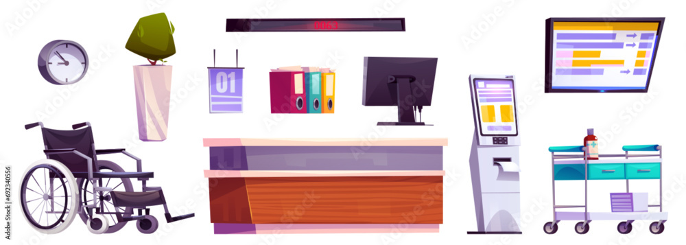 Hospital lobby design elements set isolated on white background. Vector ...