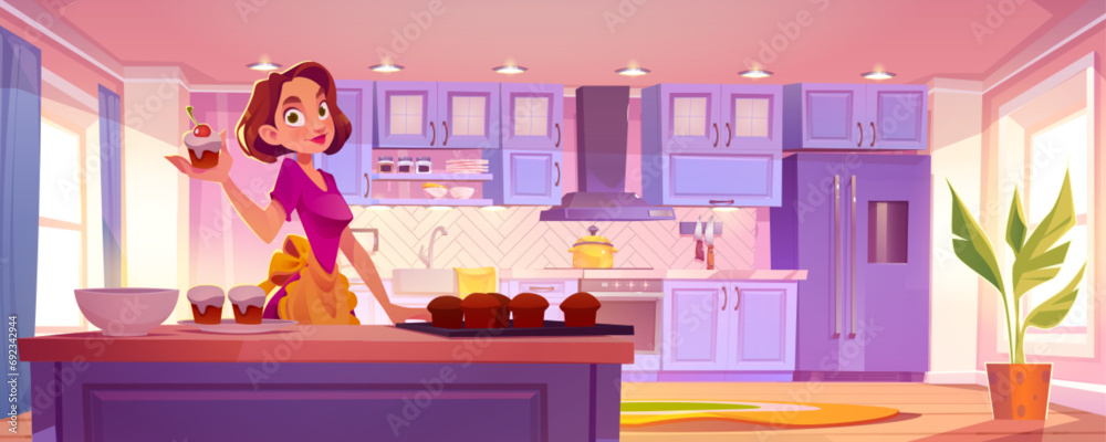 Housewife cooking muffins in kitchen. Vector cartoon illustration of ...