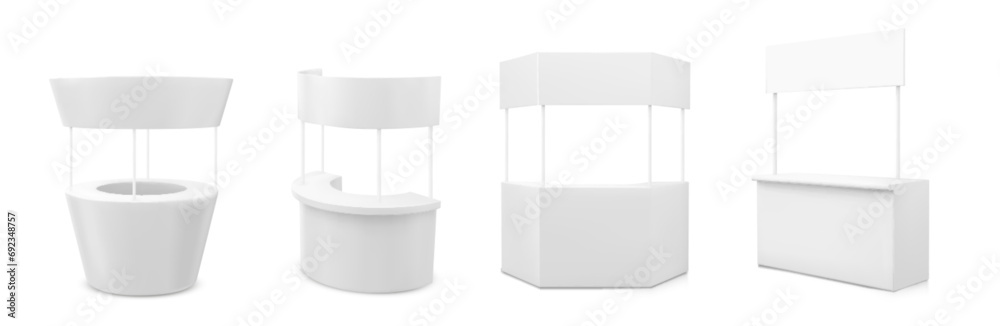 Advertising and promo booth stand. Realistic vector illustration set of ...