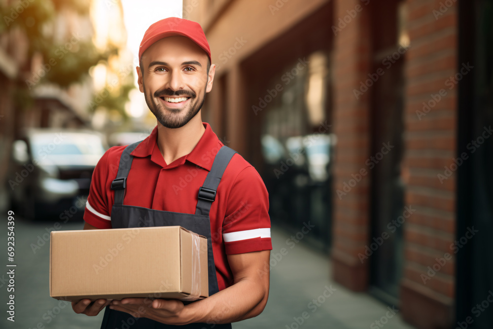 Delivery courier service. Delivery man in red cap and uniform holding a ...