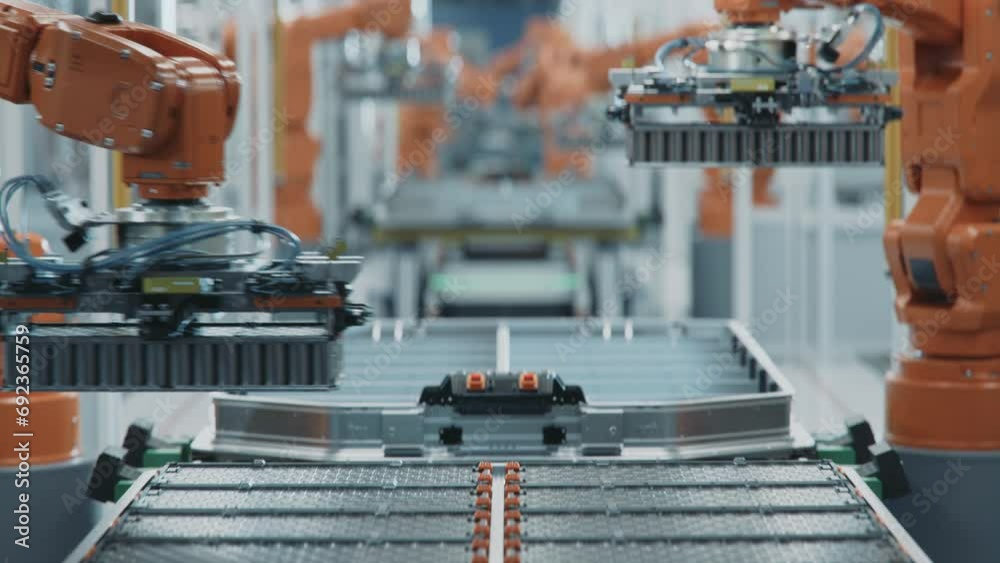 Close-up of Automated Production Line with Robotic Arms. EV Battery ...