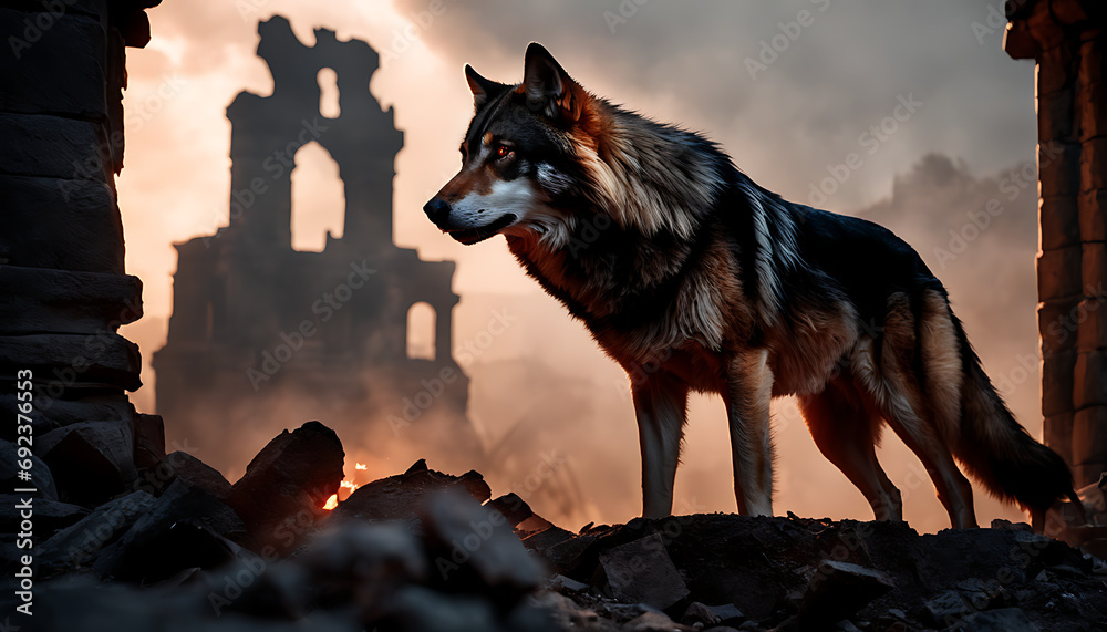 A lone wolf stands fierce amid rubble, its glowing red eyes piercing ...