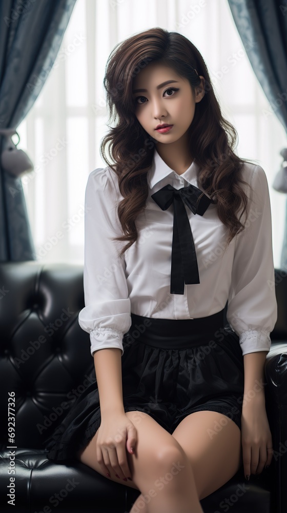 Sexy chinese women model with short skirt. Lovely girl in white bedroom ...