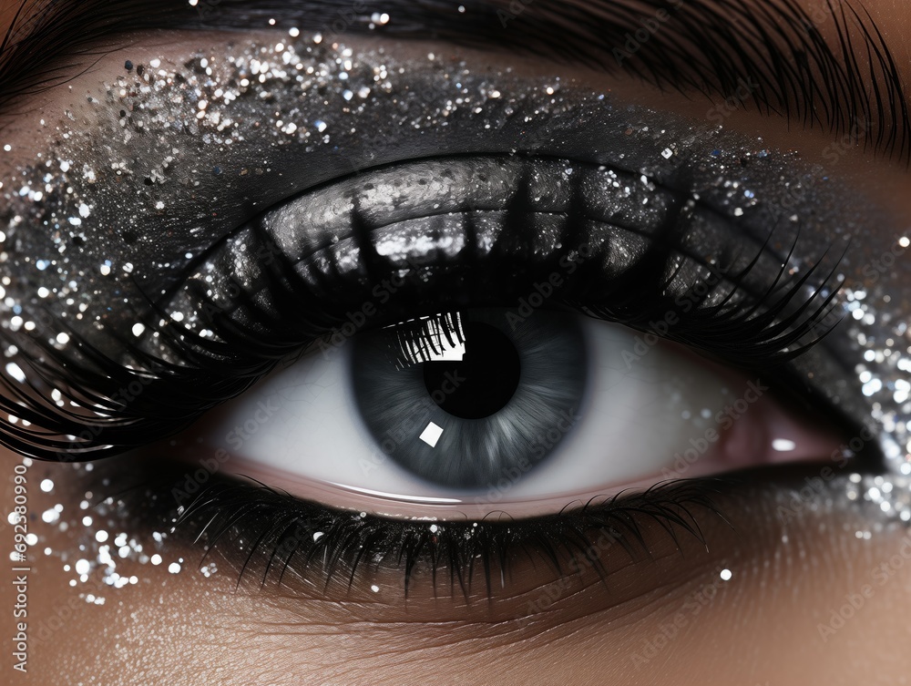 Close-up of a stunning eye with silver glitter eye shadow, reflecting ...