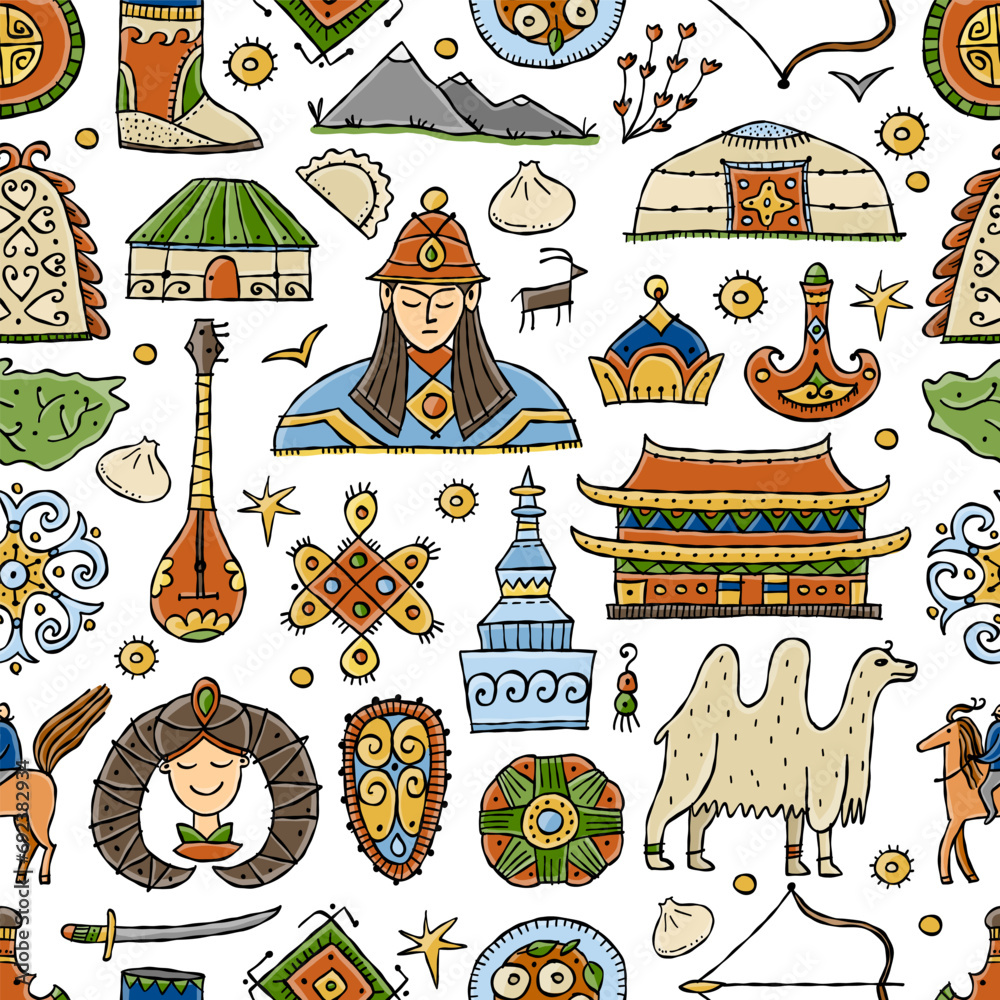 Mongolia. Landmarks, people, culture and food. Seamless pattern for ...