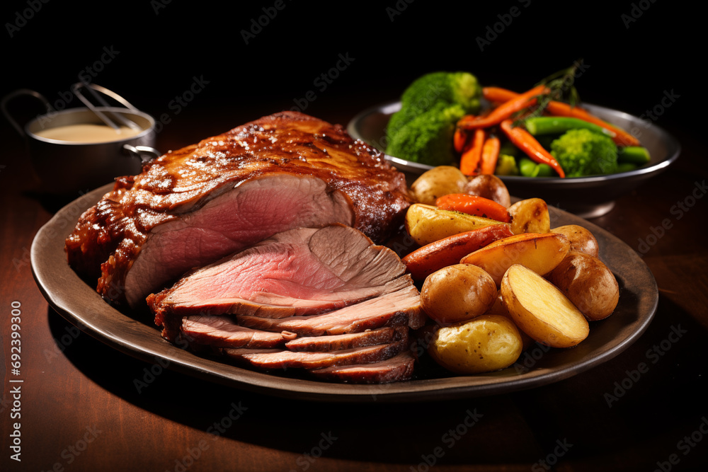 A traditional Sunday roast, featuring a tender cut of roast beef ...