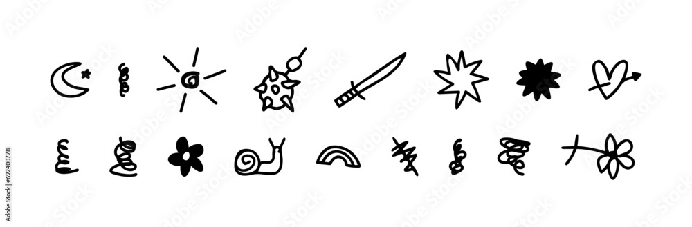 Various tattoo sketch doodle. Hand drawn ink cartoon sribbles in ...