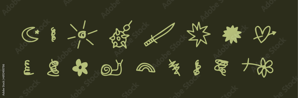 Various tattoo sketch doodle. Hand drawn ink cartoon sribbles in ...