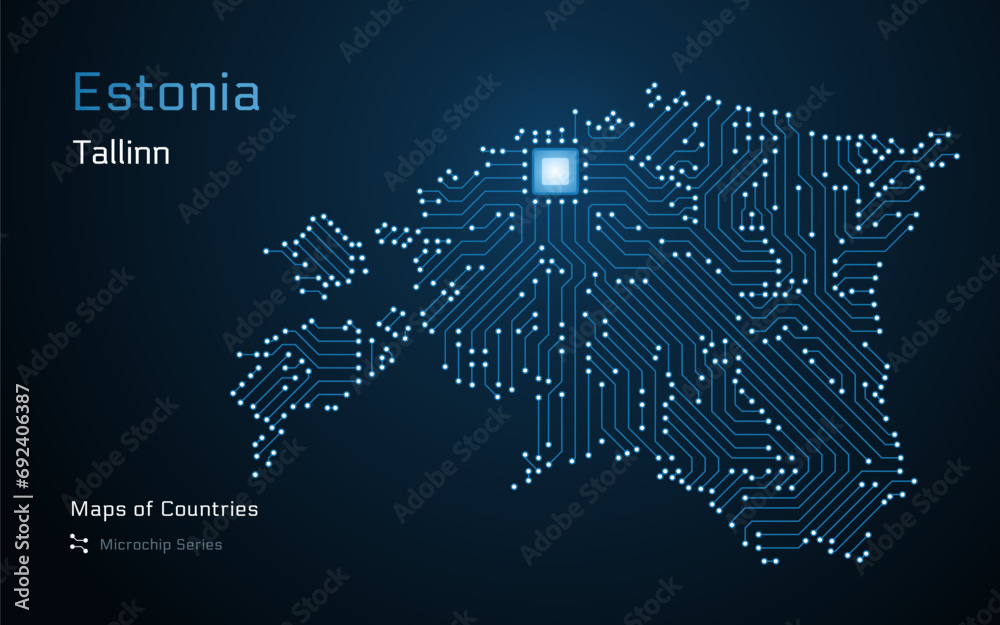 Estonia Map with a capital of Tallinn Shown in a Microchip Pattern with ...