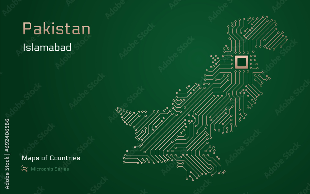 Pakistan Map with a capital of Islamabad Shown in a Microchip Pattern ...