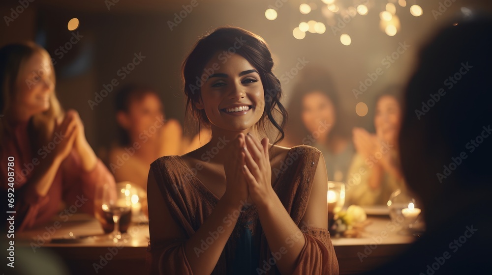 Beautiful woman clapping hands while sitting at dinner table with ...