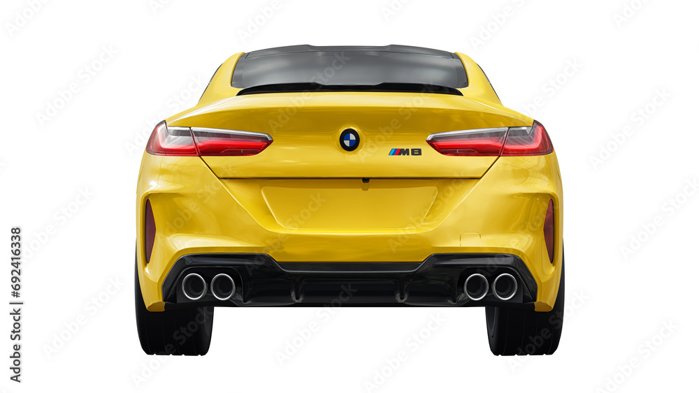 Germany, Berlin. December 10, 2023. BMW M8 2021. Large yellow ultra ...