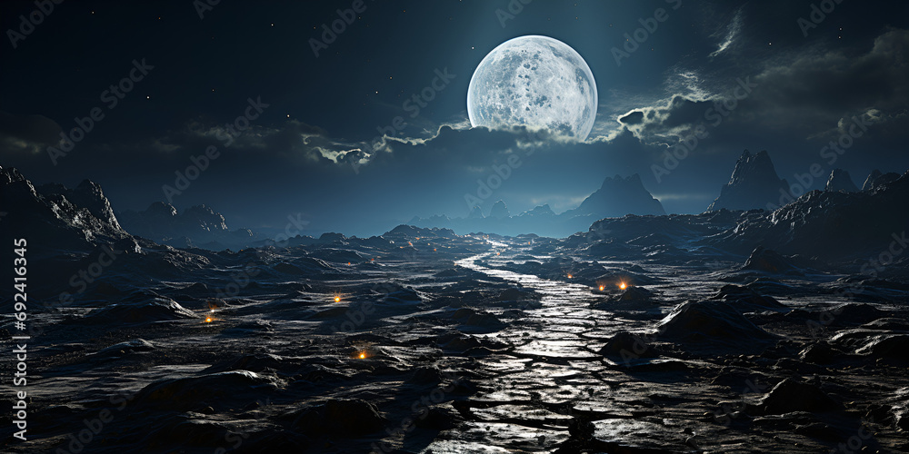 surface lunar landscape view The landscape with night and moon in the ...