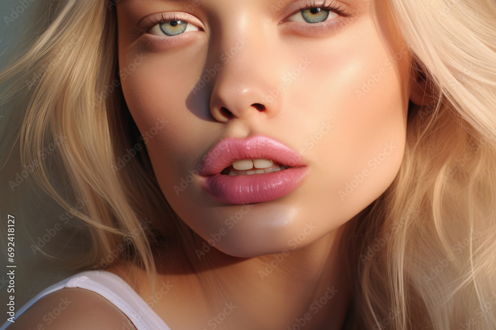 Alluring blonde woman with striking blue eyes, radiant skin, and glossy ...