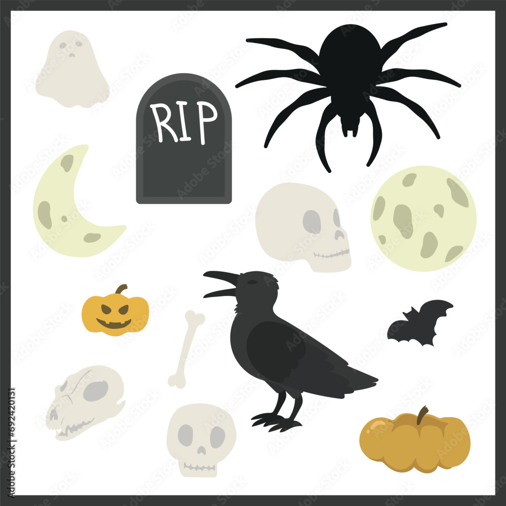 Vetor de Flat 2D illustration graphics. Halloween set dark black crow ...