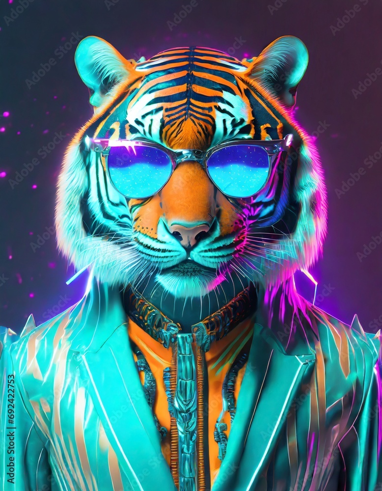 VIP Tiger standing in a night club with sunglasses wearing a luxury ...