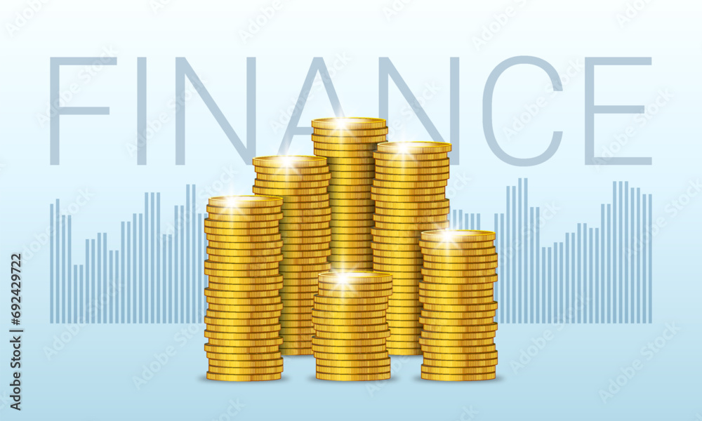 Vector financial poster. Gold 3d coins in stacks. Heaps of tokens ...