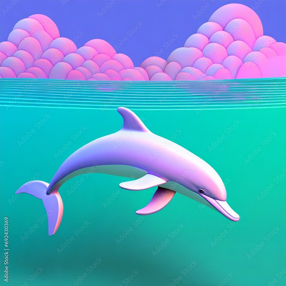 3D art of a dolphin swimming and jumping in a vibrant purple sunset ...