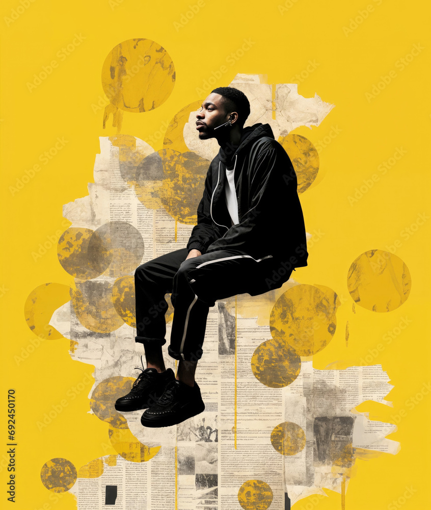 Generative AI image of black man in urban rap style on yellow backdrop ...