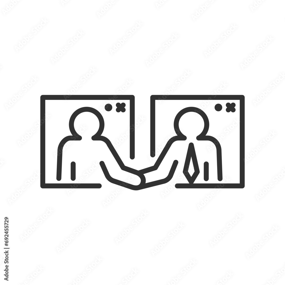 Online job interview, linear icon. People get acquainted and shake ...