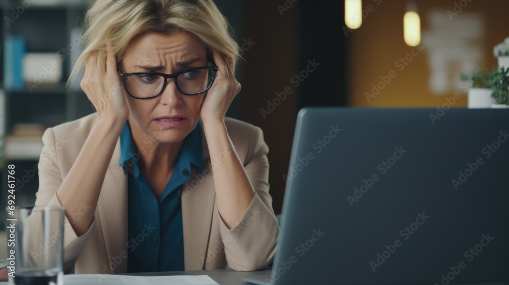 Worried fatigued mature business woman wearing glasses having headache ...