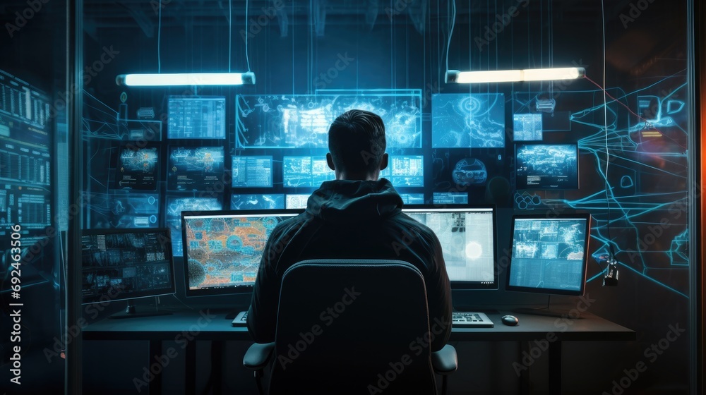 Back view of A hacker in the process of hacking the network. A person ...