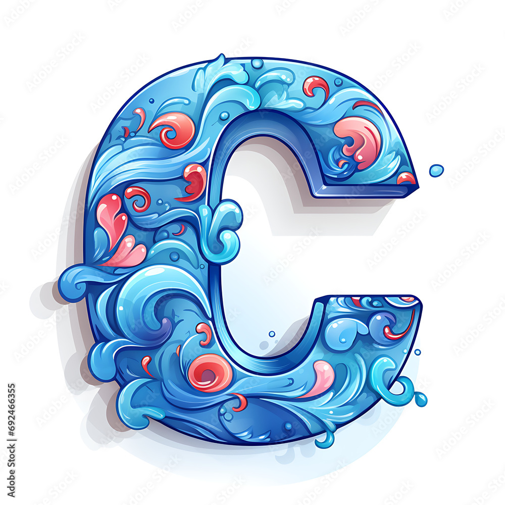 Letra C pintada con agua y olas sobre fondo blanco Stock Illustration ...