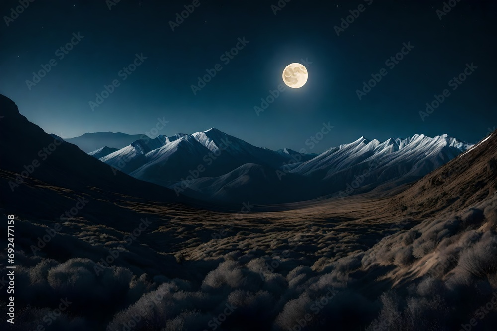 A tranquil moonlit night over a range of mountains, with shadows ...