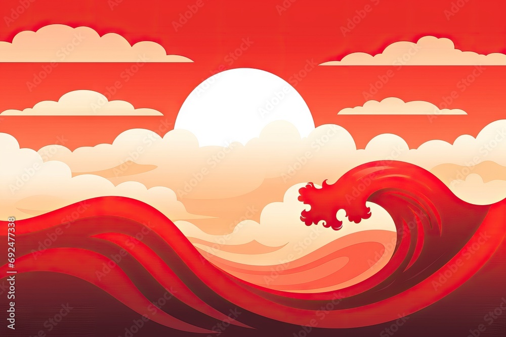Japanese ocean wave and sun background. Asia and oriental traditional ...
