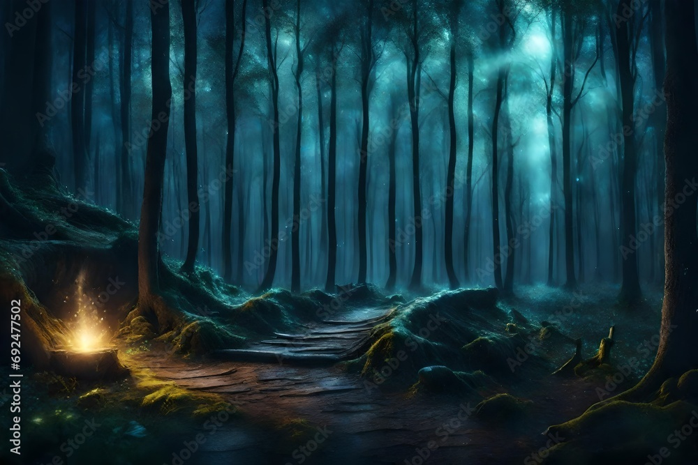 Magical dark fairy tale forest at night with glowing lights and fog und ...