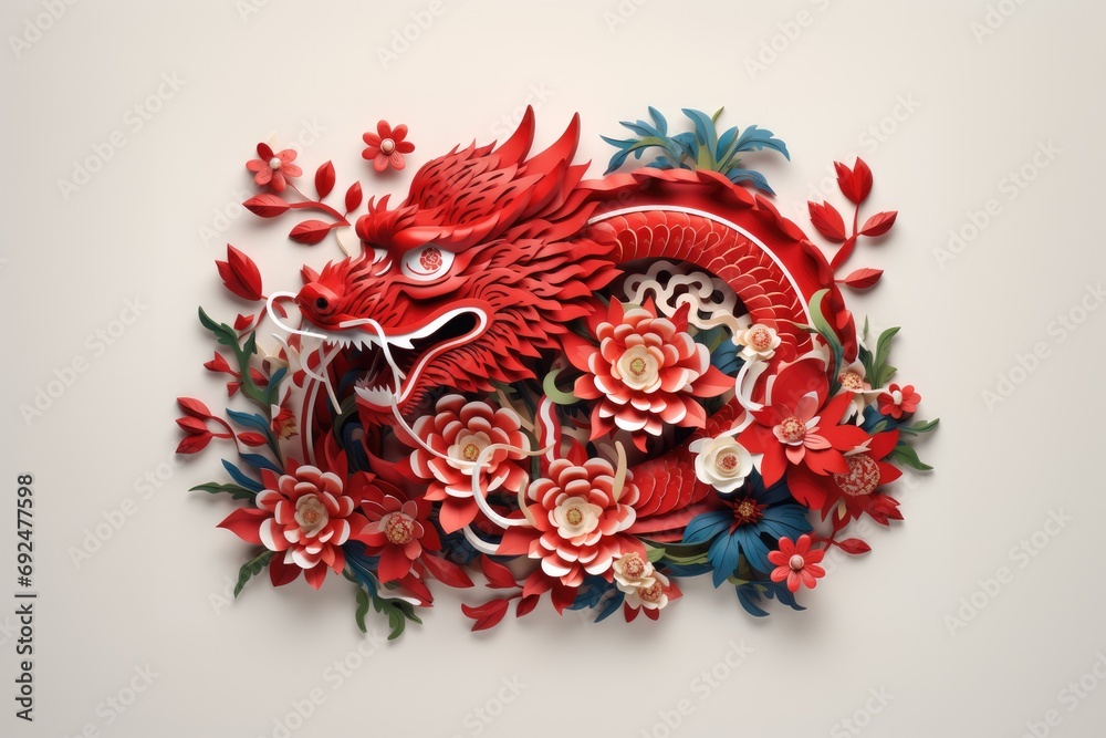 Paper dragon with flowers isolated on white background. Paper craft ...
