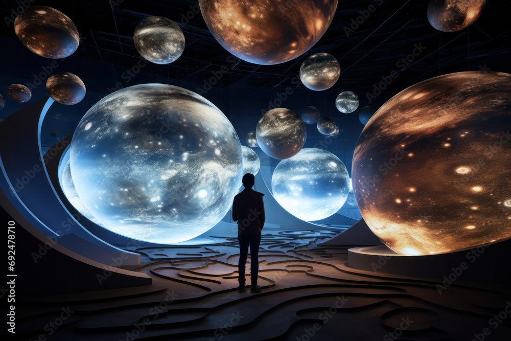 Silhouetted person gazing at a cosmic display of planets in a dark ...