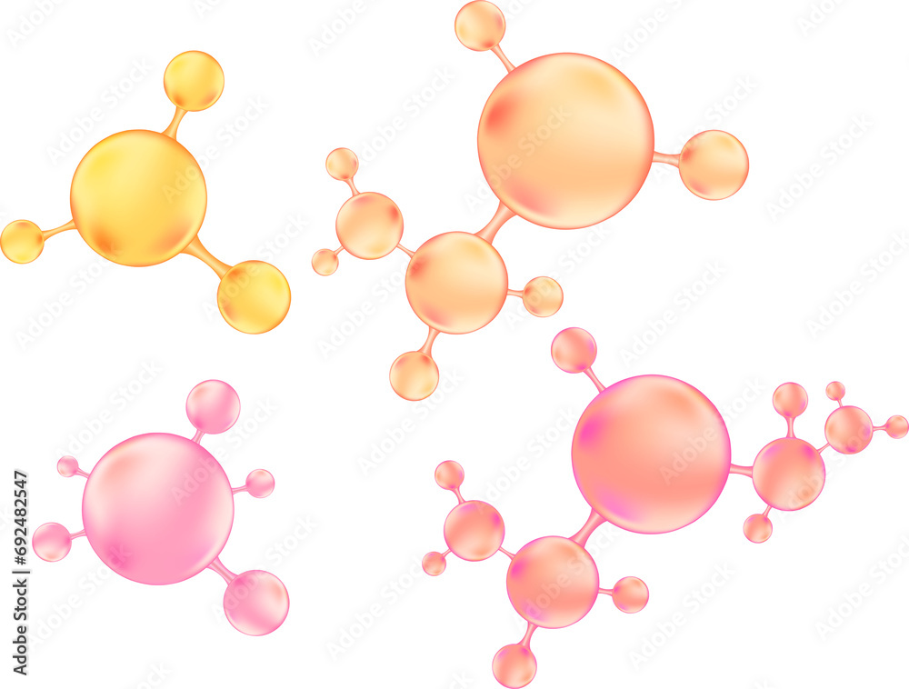 Pink, gold molecule isolated transparent background, hyaluronic acid or ...