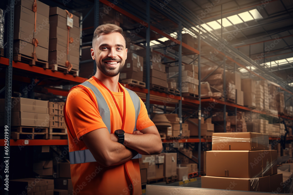 Smiling portrait of a male worker standing in warehouse with his arm ...