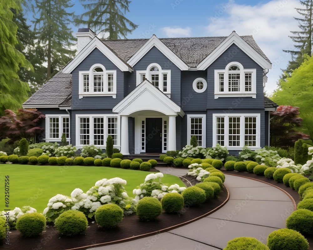 Colonial style brick family house exterior with black roof tiles ...