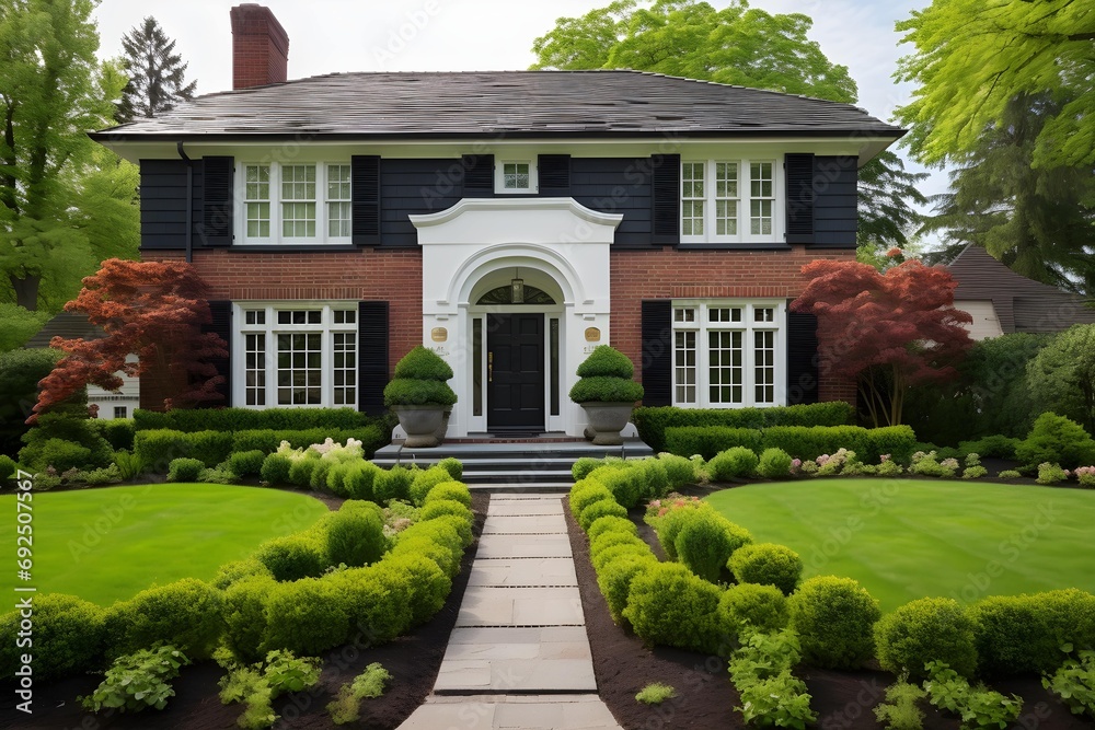 Colonial style brick family house exterior with black roof tiles ...