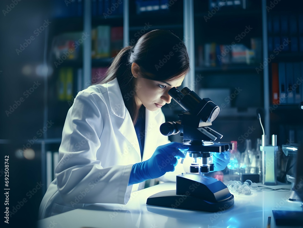 Expert female microbiologist scrutinizes medical samples using modern ...