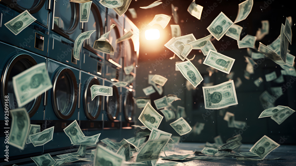 Flying money banknotes in a laundromat with washing machines, money ...