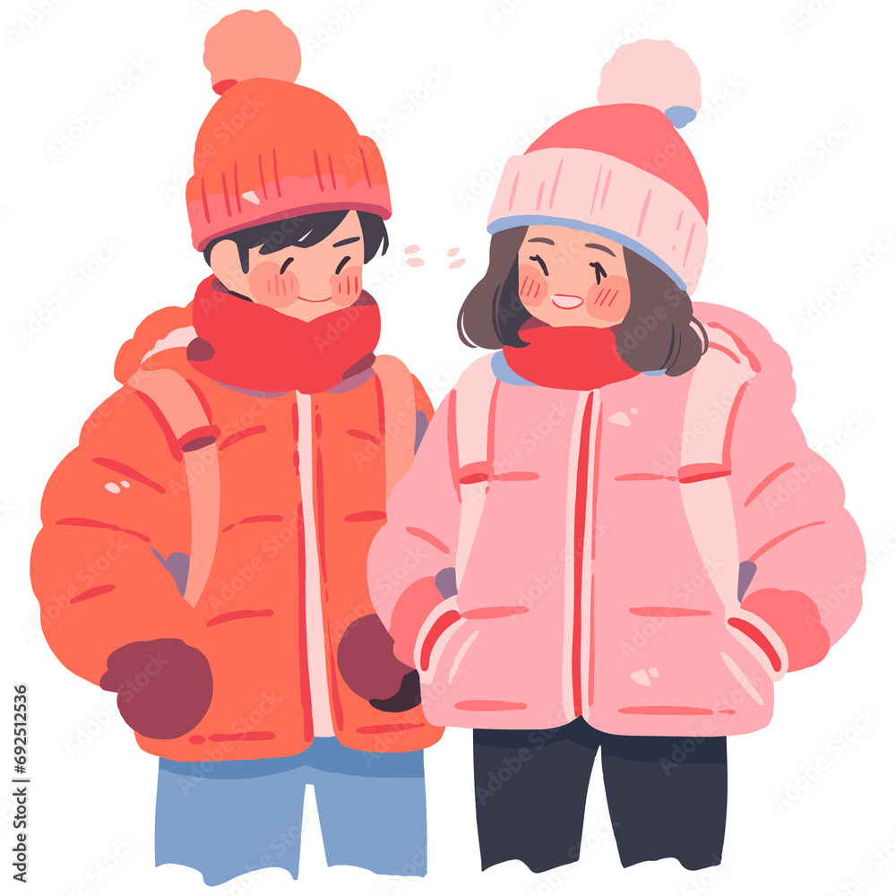 Cute boy and girl in winter clothing, isolated on transparent ...
