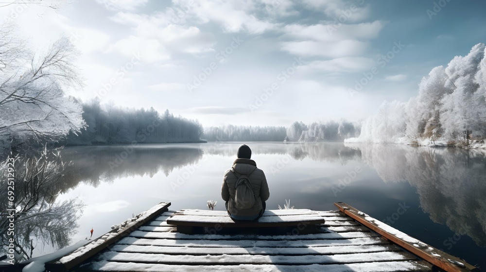 peaceful alone male man adult traveller sit casual relax on wooden deck ...