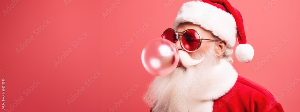 Banner with Santa Claus in red glasses inflating a bubble gum on a red ...