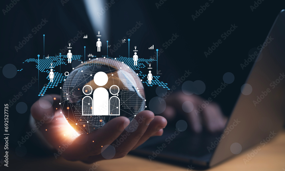 Businessman use computer with global structure customer network ...