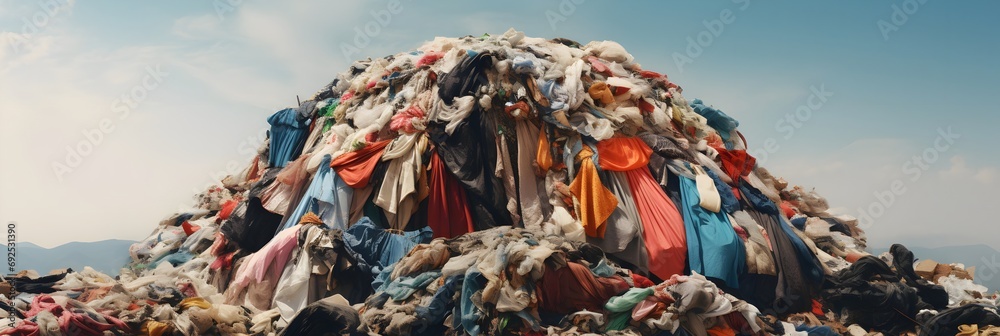 Waste industry trash in nature landscape, garbage stack of cloth ...