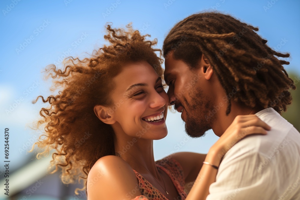 Happy romantic diverse passionate couple in love dancing on the ocean ...