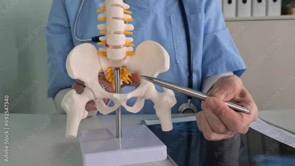 Closeup of doctor hand showing ischial tuberosity or sit bones on model ...