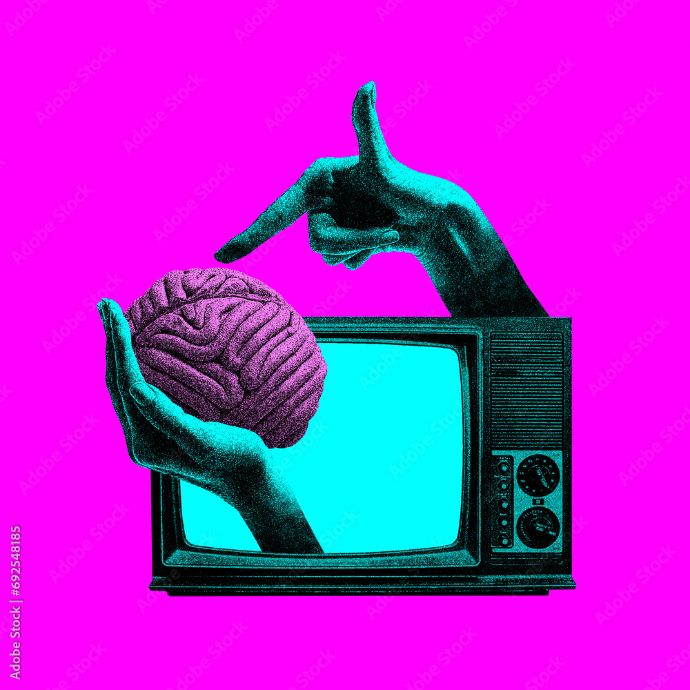 Retro tv set and human hand holding brain against pink background ...