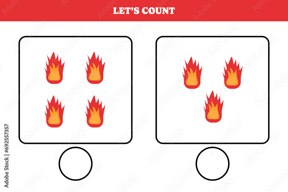 Counting game with flame. Educational worksheet design for preschool ...