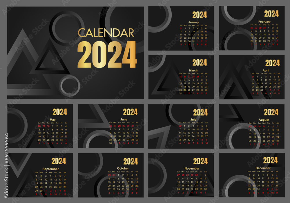 Desk Calendar 2024 with 12 months. Full year calendar. Circle and ...