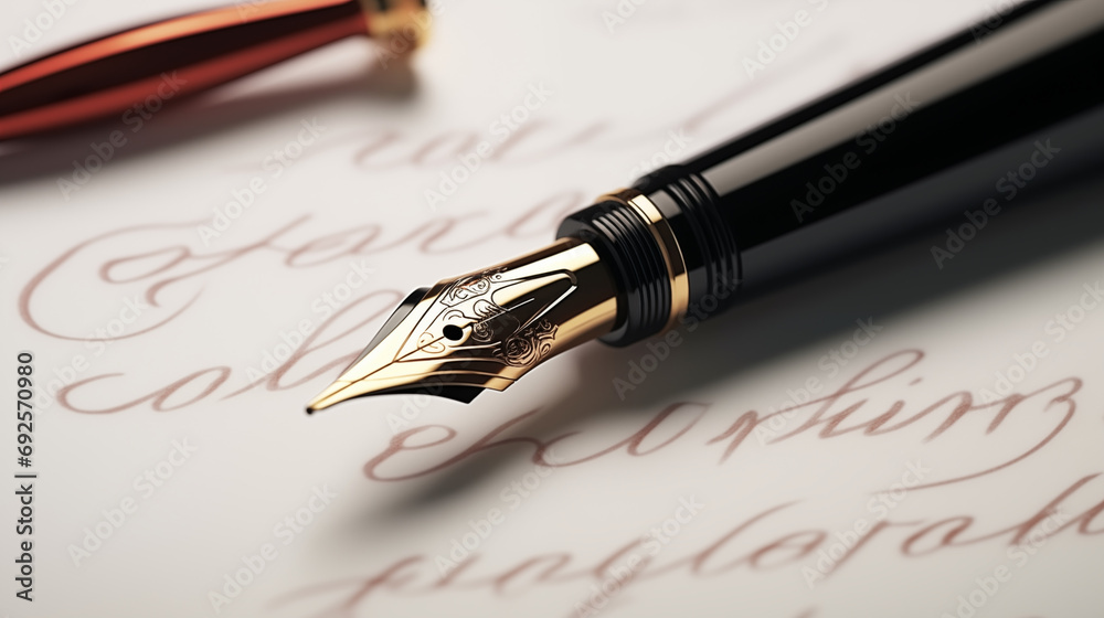 Macro closeup of fountain pen on the letter with cursive hand writing. Stock Photo | Adobe Stock